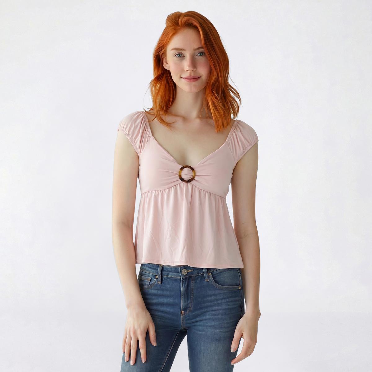Click here for Juniors Derek Heart Babydoll V-Neck Top w/ O-Ring prices